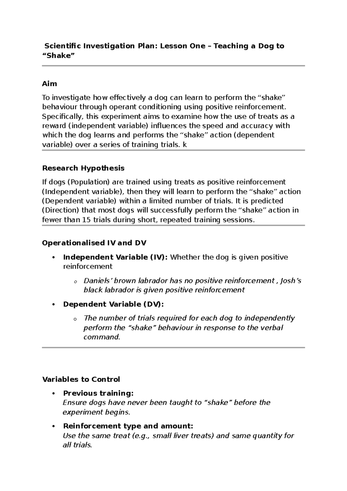 PSY 101: Lesson One - Investigating Dog Learning via Operant ...