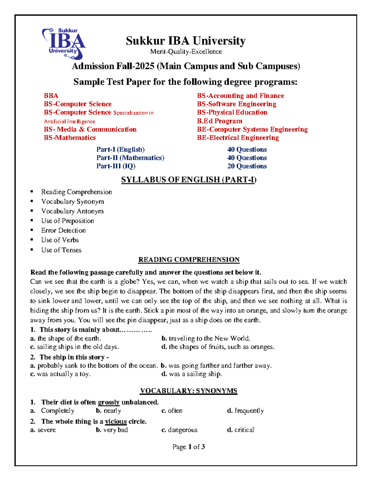 Sukkur IBA University Admission Sample Test Paper for BBA & B.Ed ...