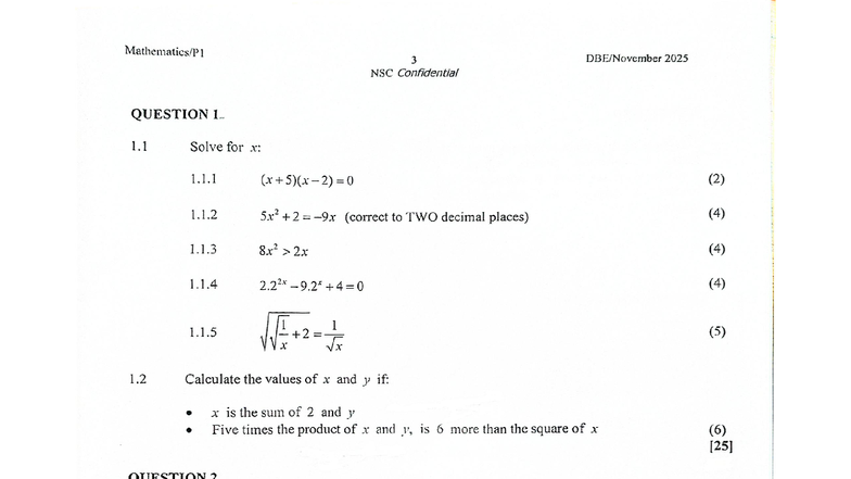 Grade 12 NSC Confidential Math Questions 1 & 2 - Studocu