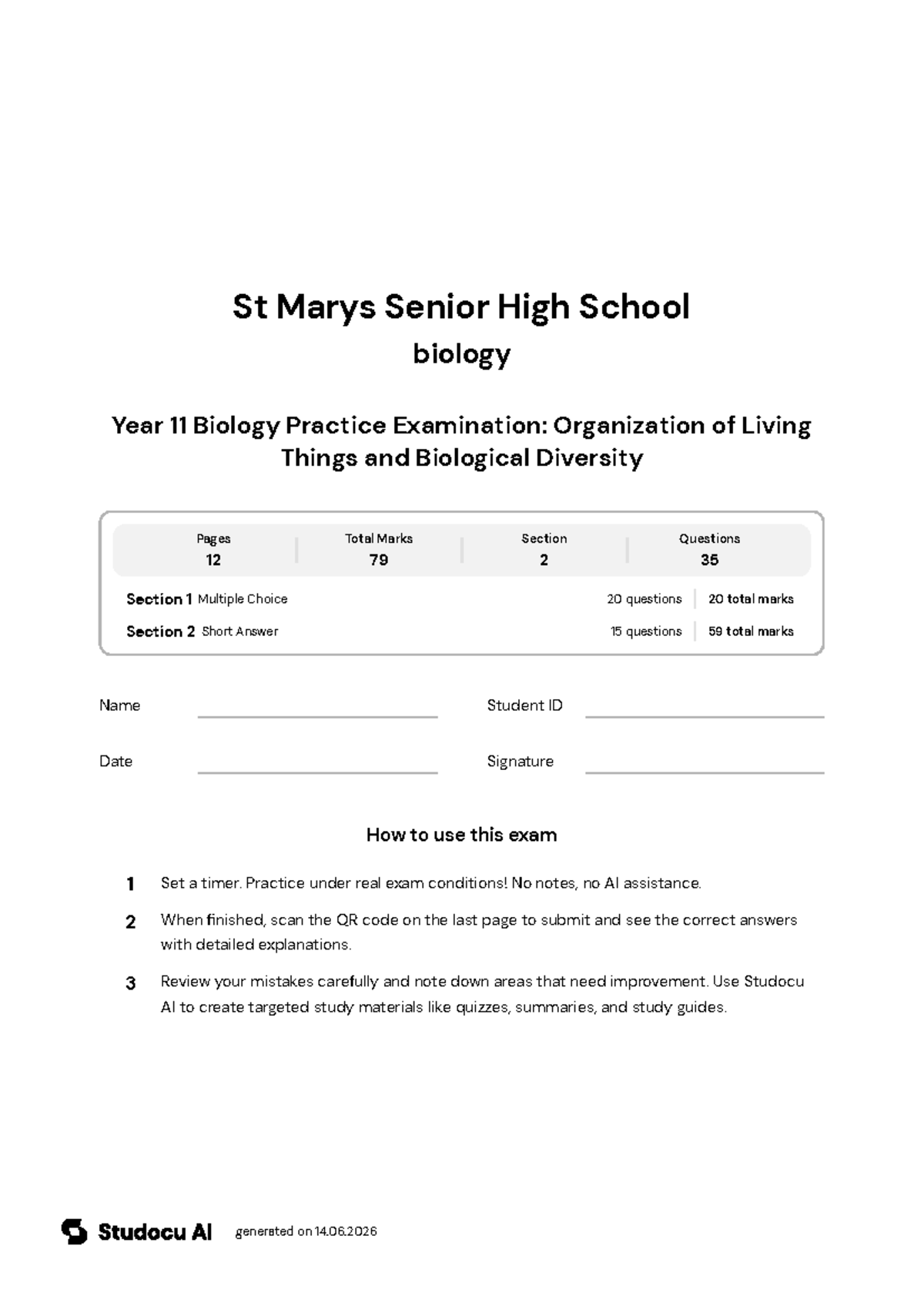 Year 11 Biology Practice Exam: Living Things & Diversity - Studocu