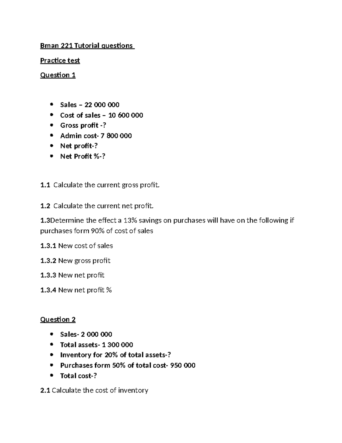 BMAN 221 Tutorial Questions: Practice Test and Solutions - Studocu