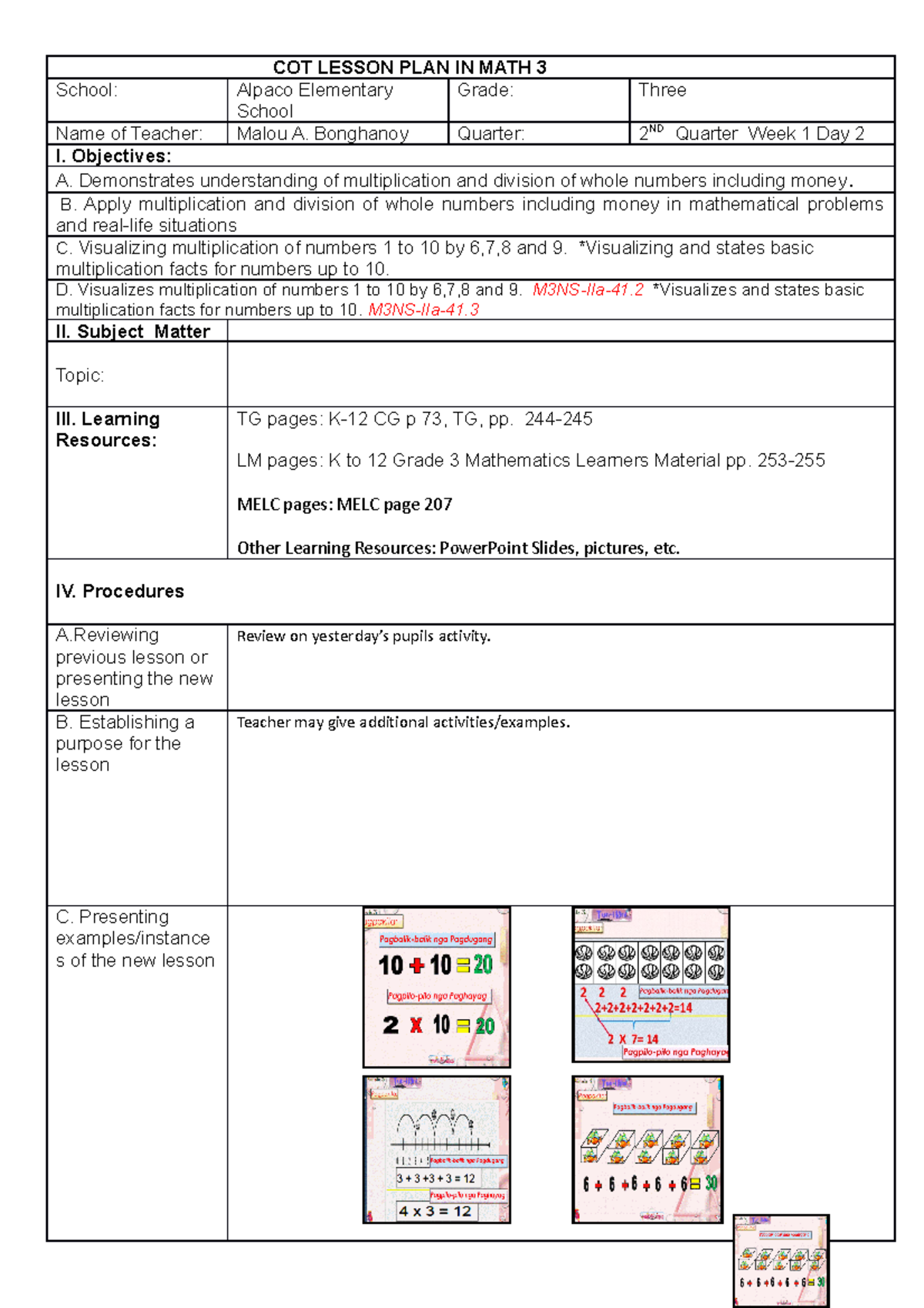 COT Lesson Plan in Math 3: Q2 Week 1 Day 2 Overview - Studocu