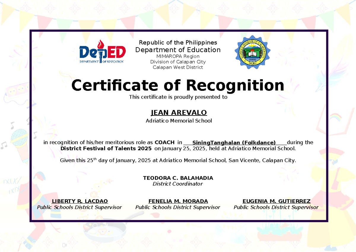 DFOT Coach - Certificate of Recognition - Department of Education ...