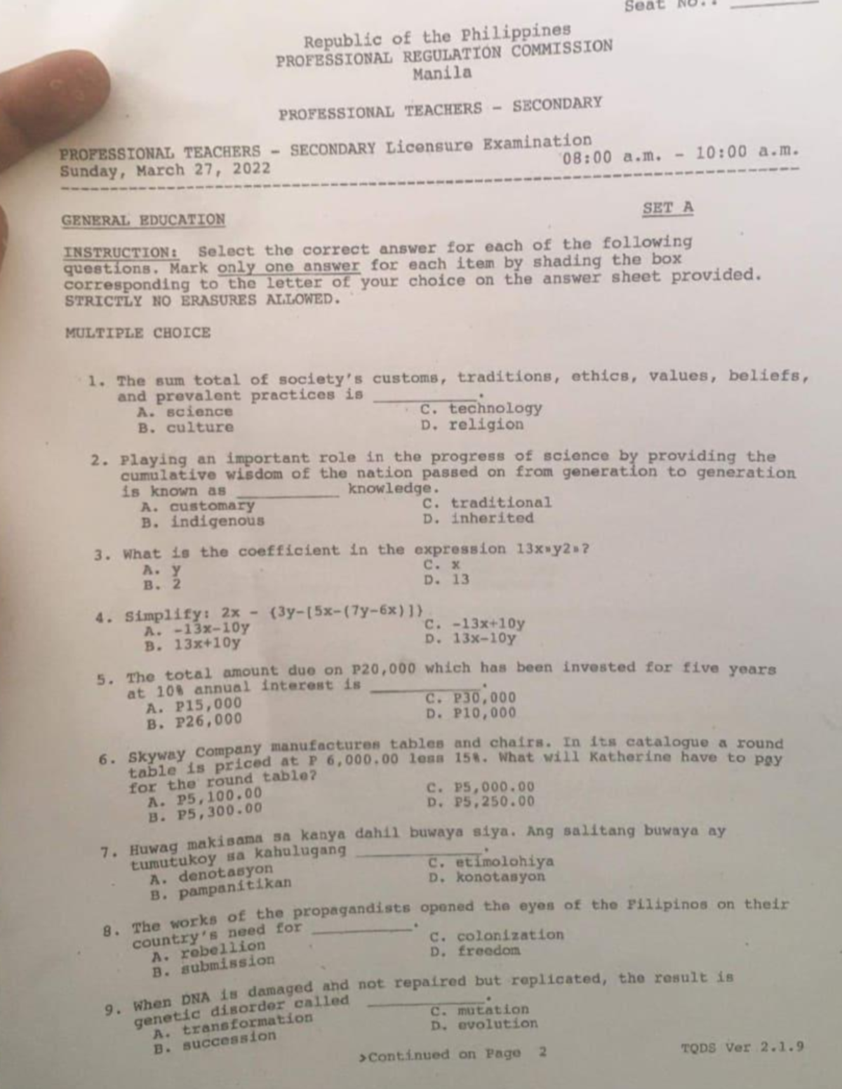 Actual Board EXAM GEN ED March 2022 - General education LET - Studocu