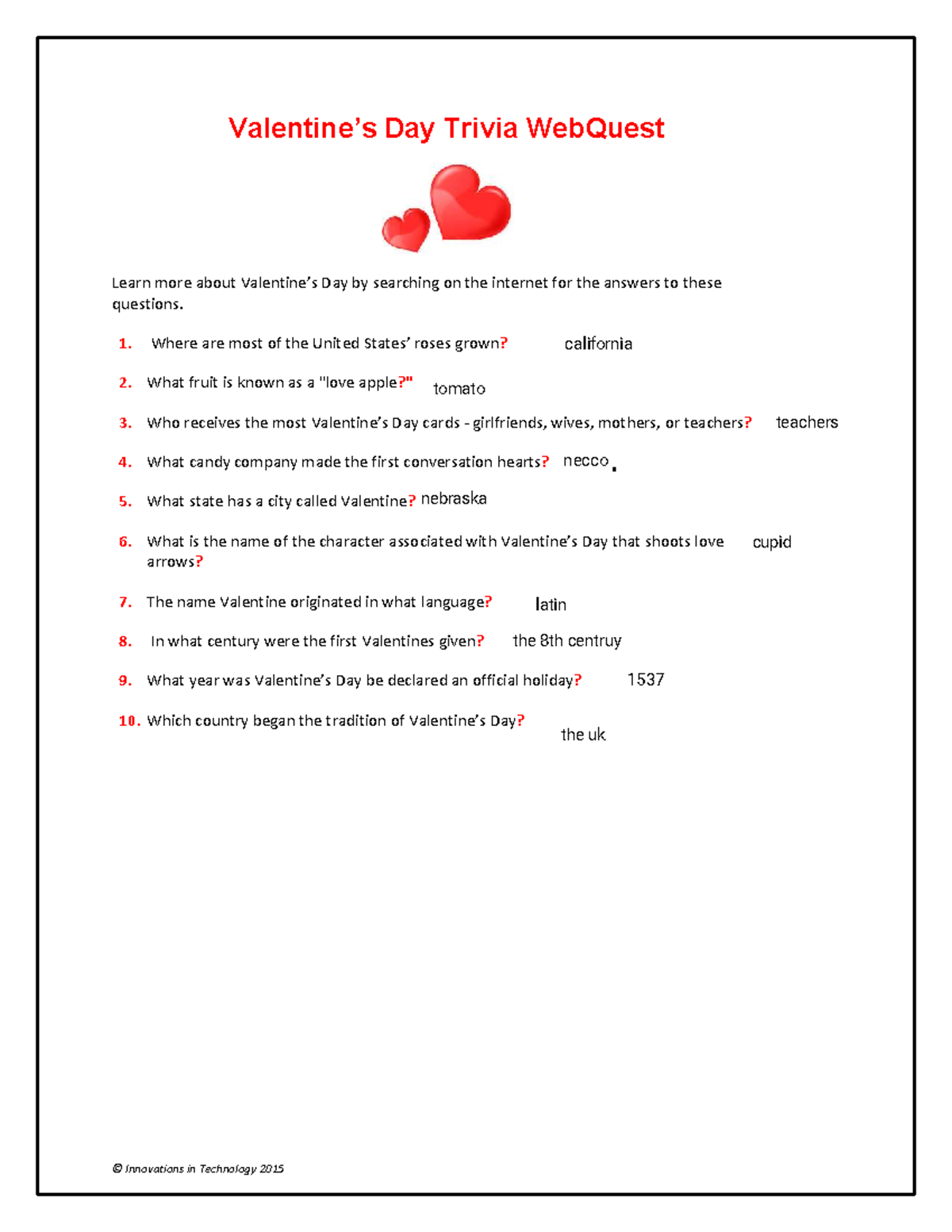 Valentine's Day Trivia WebQuest: Fun Facts & Questions - Studocu