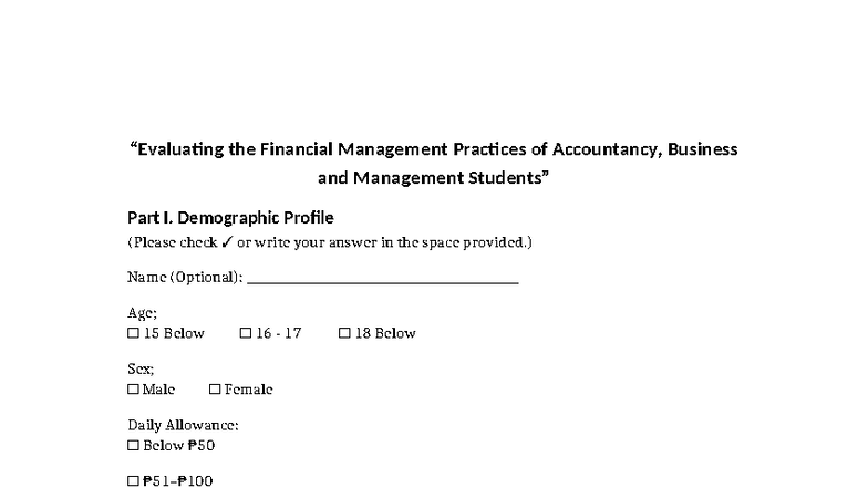 Financial Management Practices Questionnaire - ABM Part I & II - Studocu