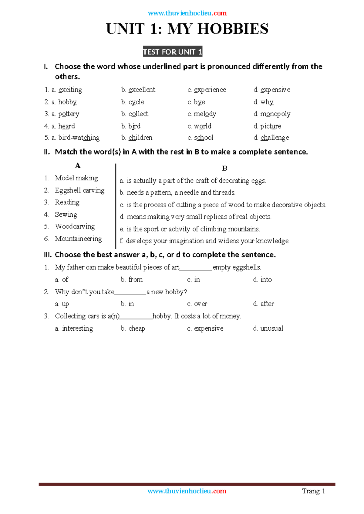UNIT 1: MY HOBBIES TEST - PRACTICE QUESTIONS AND ANSWERS - Studocu