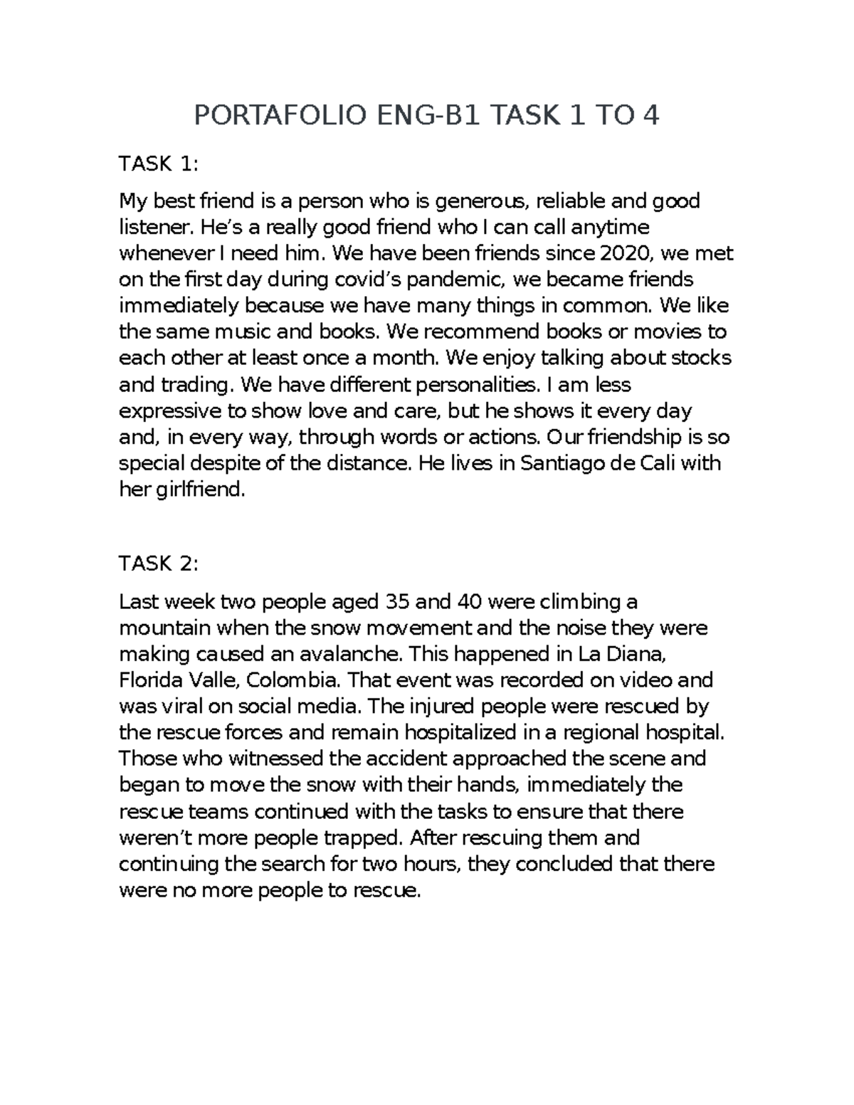 ENG-B1 Portfolio Tasks 1-4: Friendship, Avalanche & Rescue Efforts - Studocu