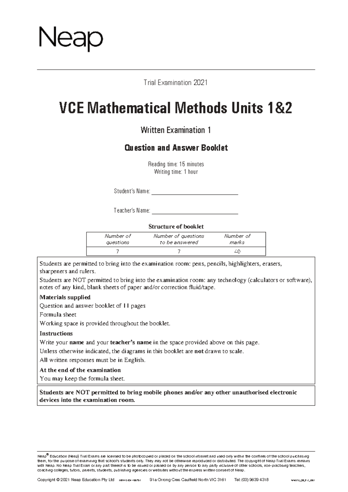 VCE Mathematical Methods Units 1 & 2 Trial Exam 2021 - Q&A Booklet ...