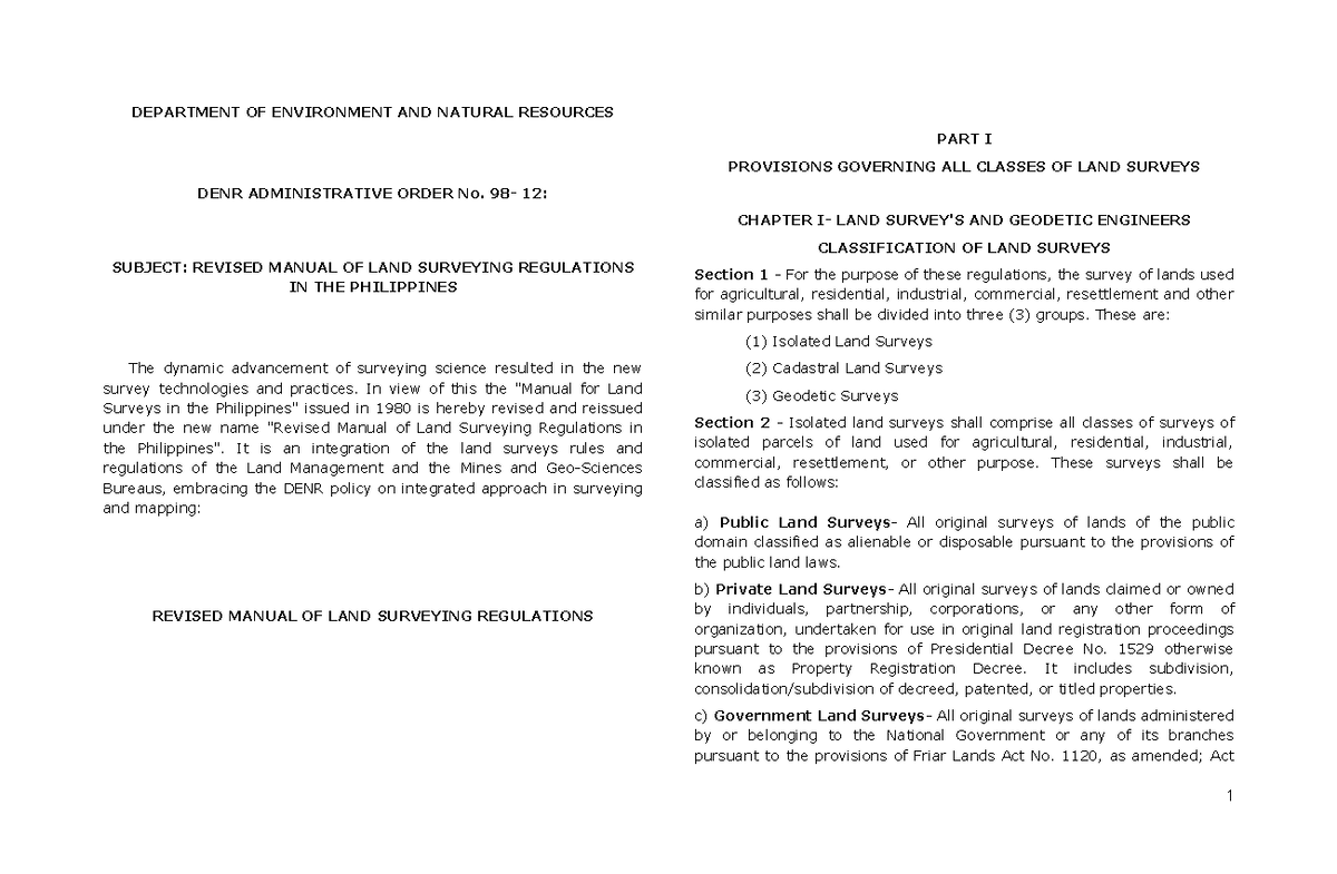 DENR DAO 12: Revised Manual for Land Surveys in the Philippines - Studocu