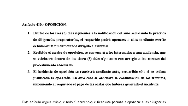 Artículo 410 Oposición A Diligencias Preparatorias En Juicio Studocu