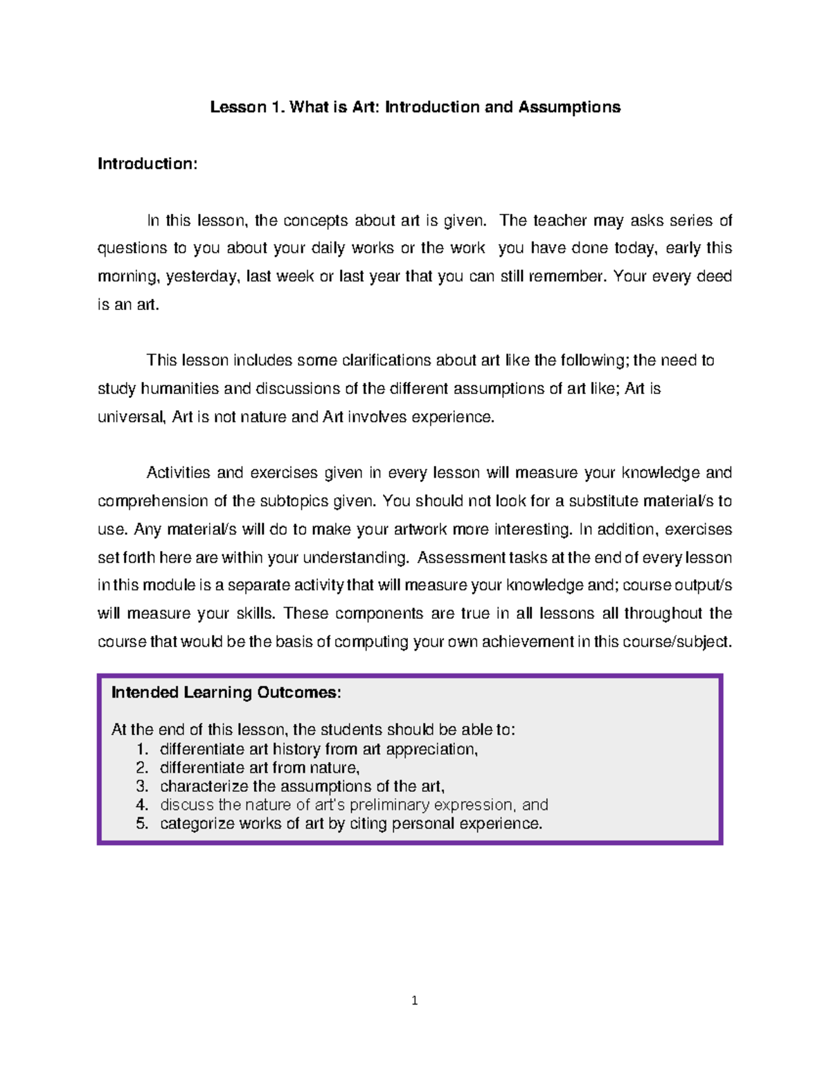 Lesson 1 What is Art Introduction and Assumptions - Lesson 1. What is Art: Introduction and ...