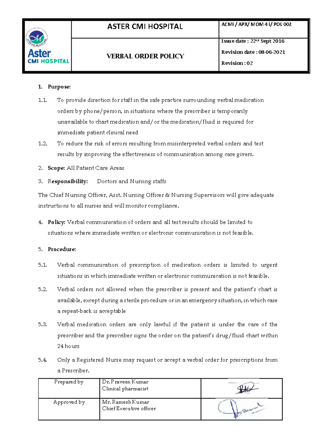 Verbal Order Policy for Medication Management: Guidelines & Procedures ...