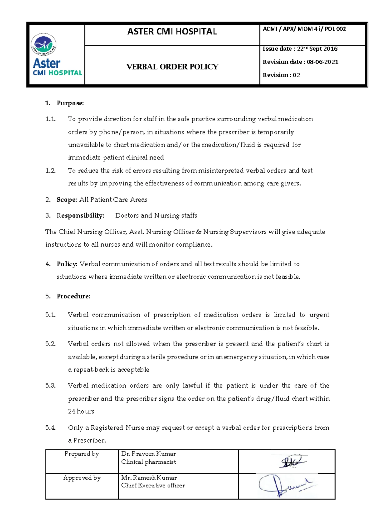 Policy on verbal orders - VERBAL ORDER POLICY Issue date : 22nd Sept ...