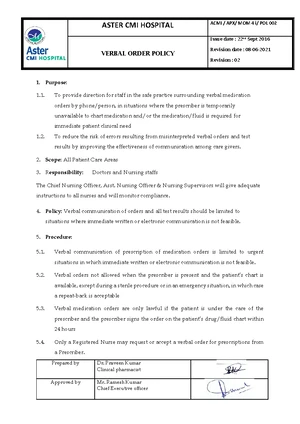 Policy on verbal orders - VERBAL ORDER POLICY Issue date : 22nd Sept ...