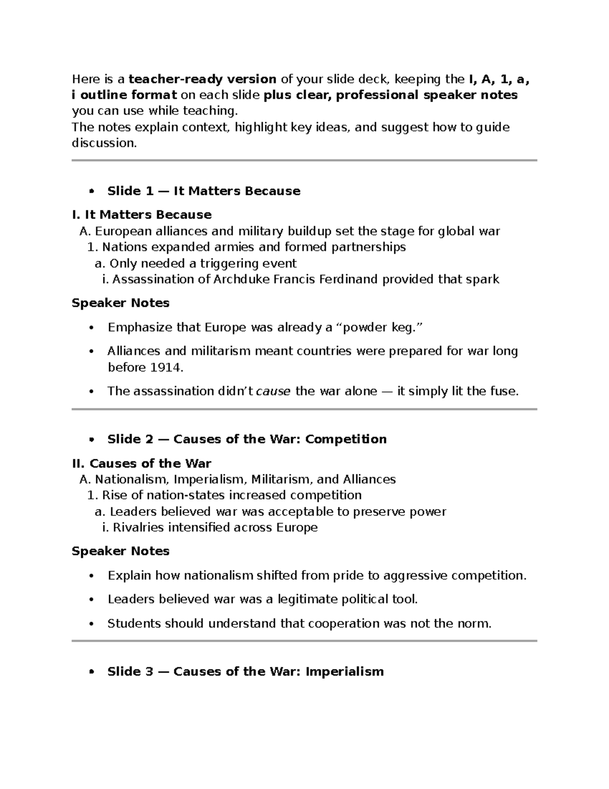WW1 - Comprehensive Lecture Notes on Causes and Outbreak of War - Studocu