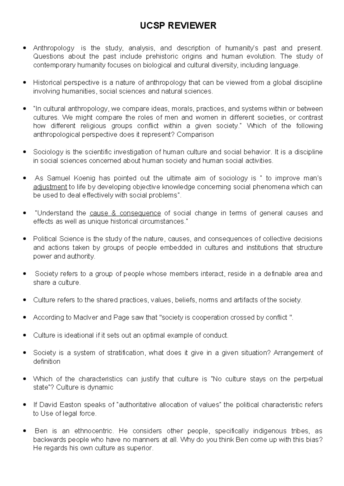 UCSP Reviewer - UCSP REVIEWER • Anthropology is the study, analysis ...