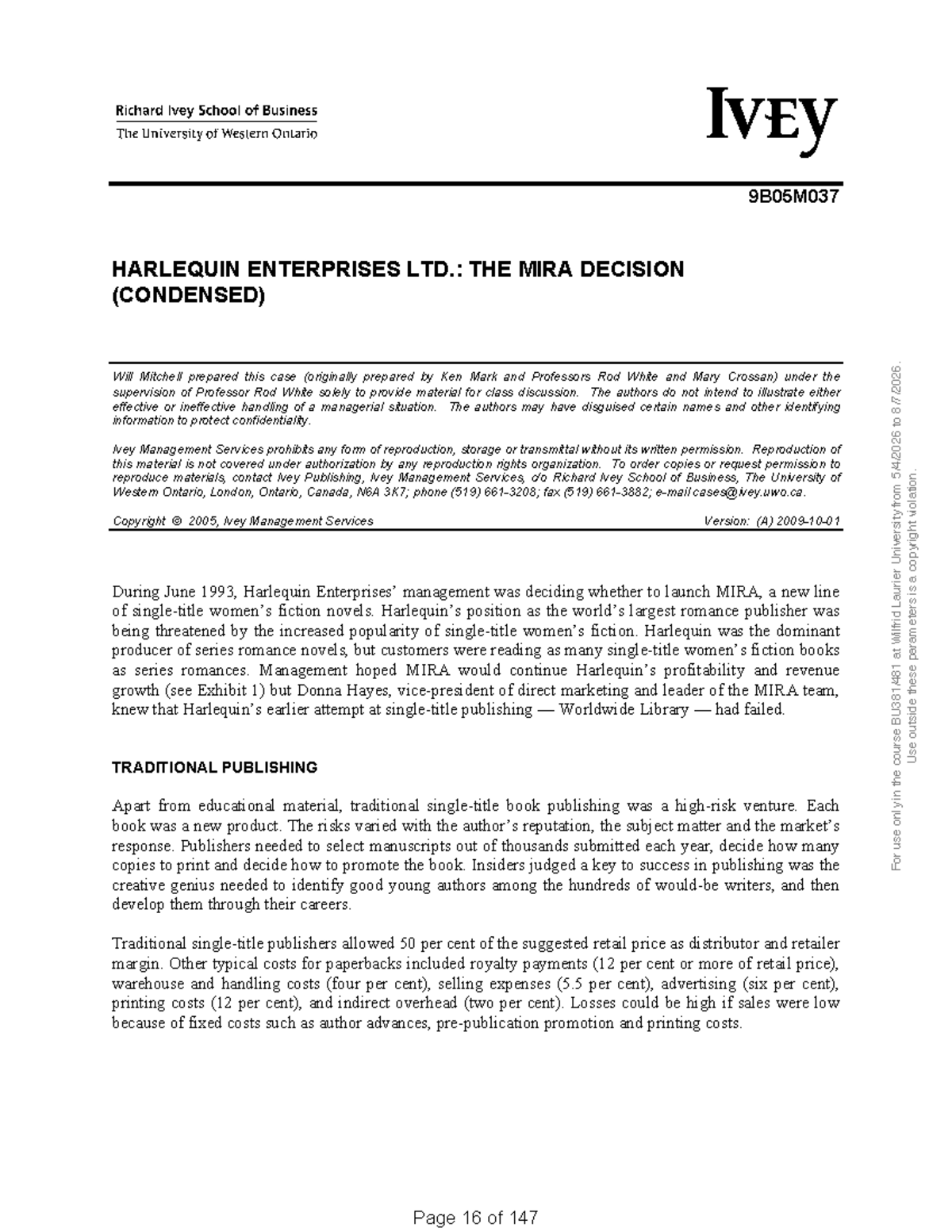 Harlequin Case Study: The MIRA Decision (9B05M037) - Studocu