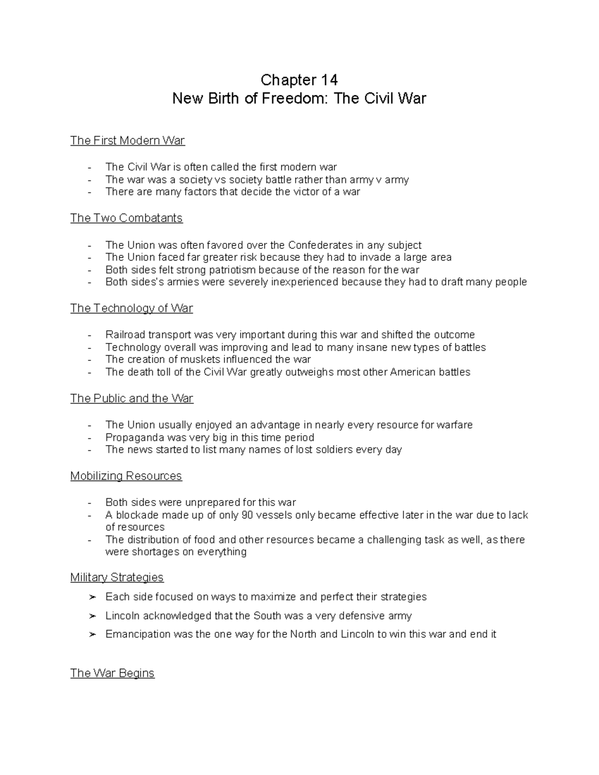 Chapter 14 Outline: The Civil War as America's First Modern War - Studocu