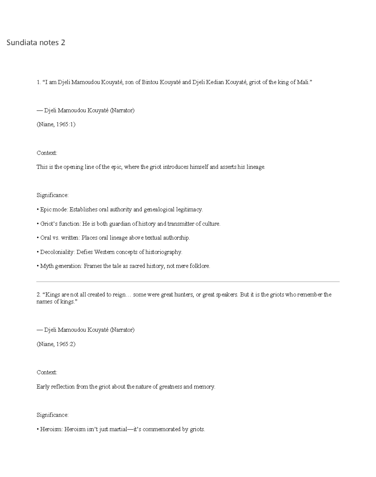 Sundiata Epic Analysis: Griot Narration & Oral Tradition Insights - Studocu