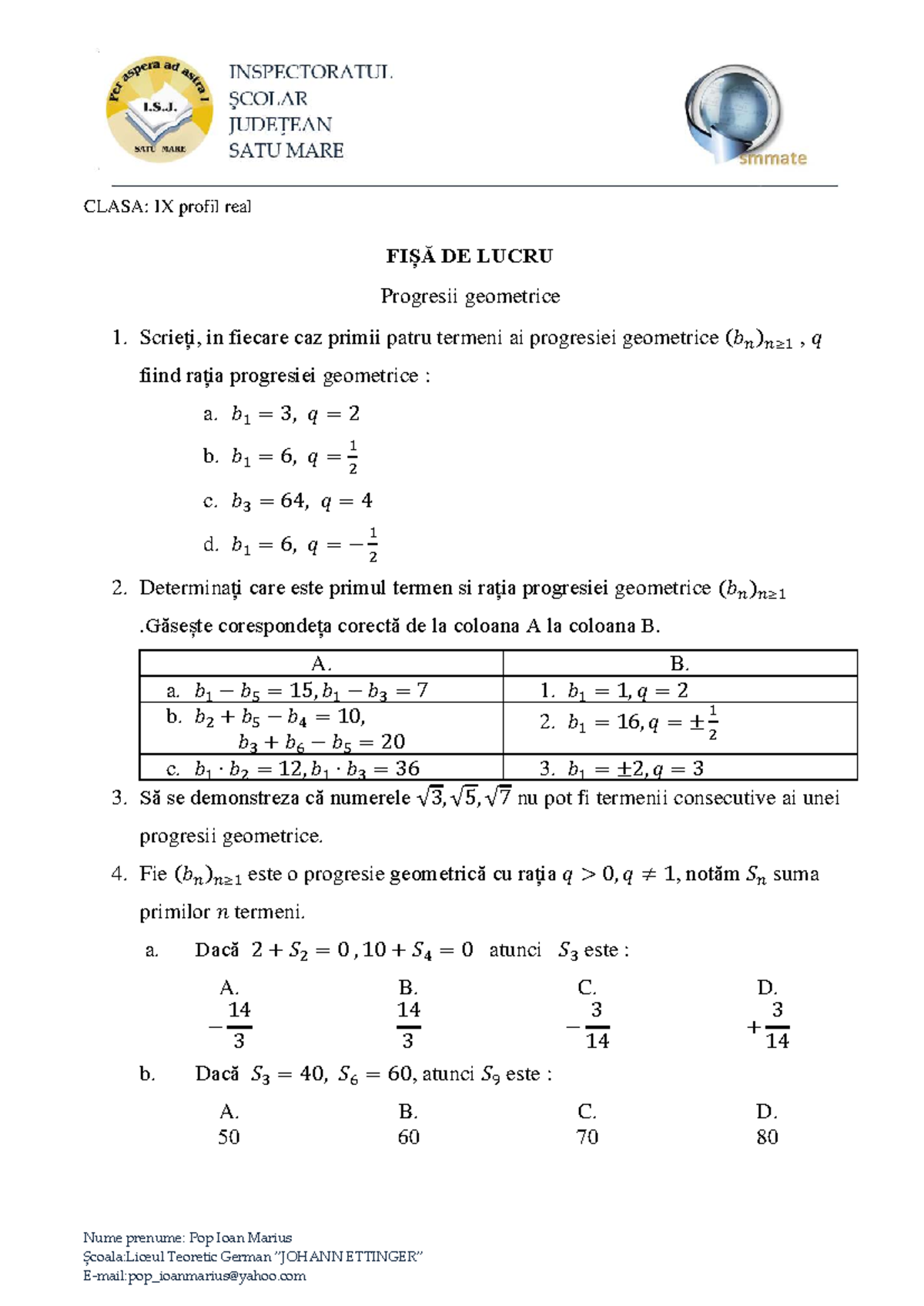 CLASA: IX Progresii Geometrice - Fișa de Lucru - Studocu