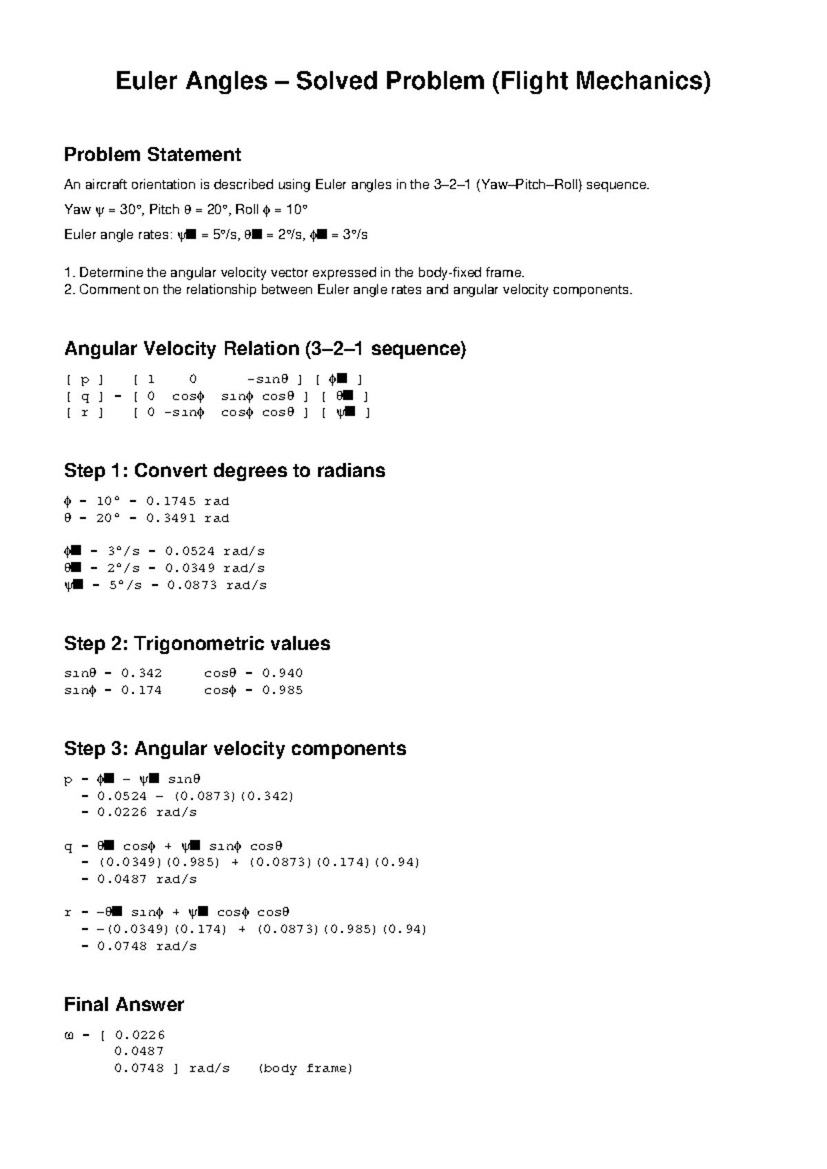Euler Angles Problem Solution (Flight Mechanics) - Studocu