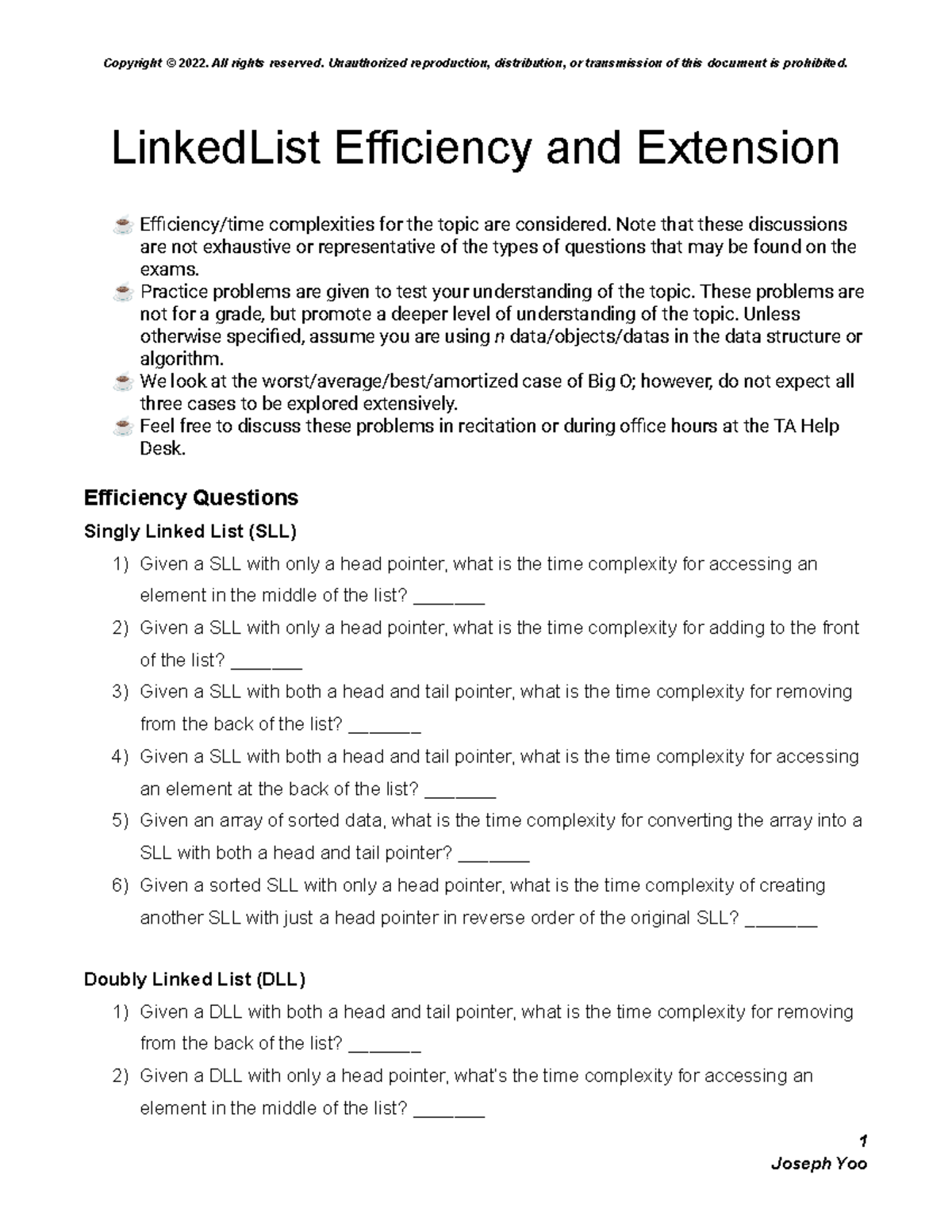2. Linked Lists Efficiency and Extension Worksheet - LinkedList Efficiency and Extension ☕ - Studocu