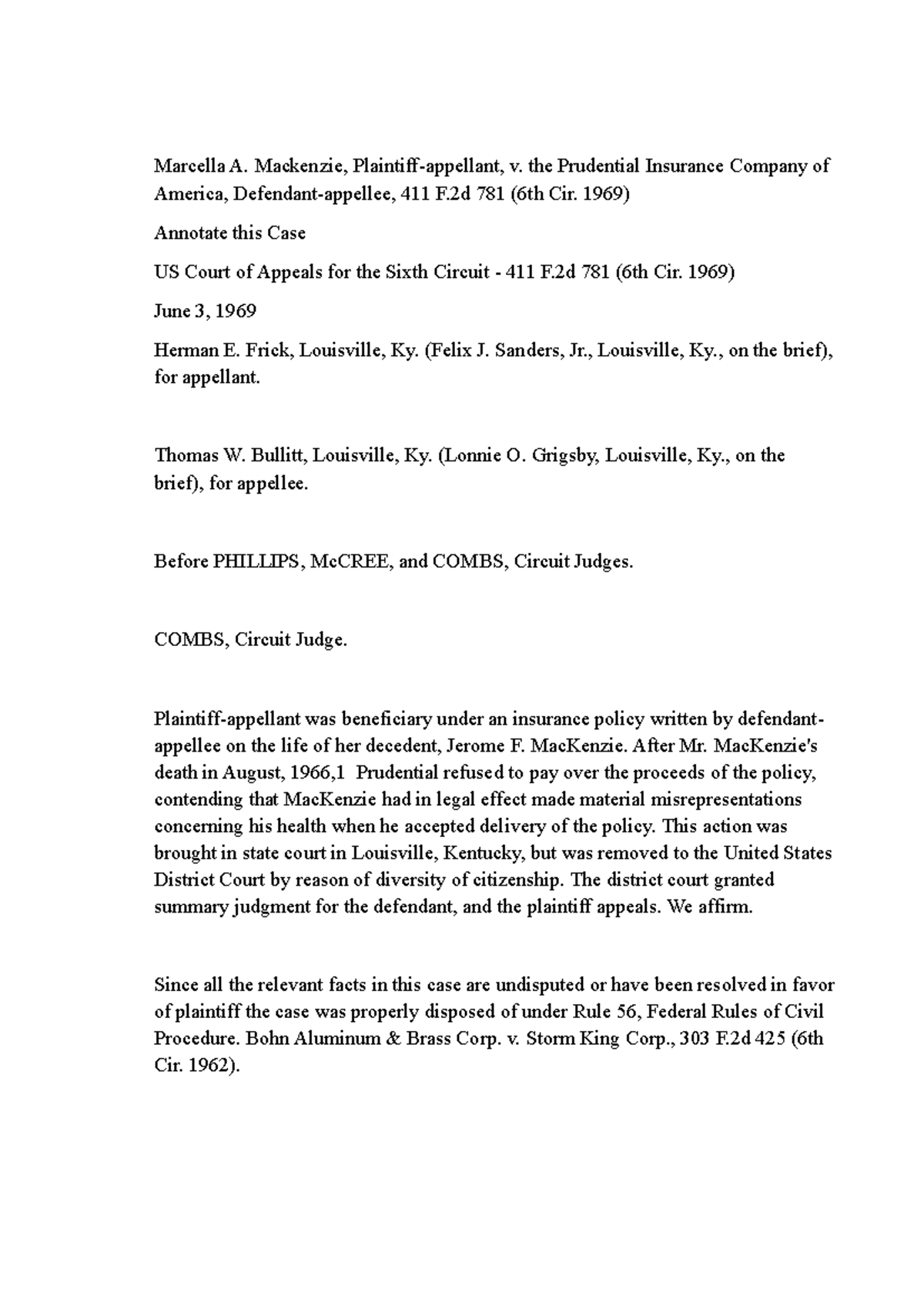 Case Annotation: Marcella A. Mackenzie v. Prudential Ins. Co. (411 F.2d ...