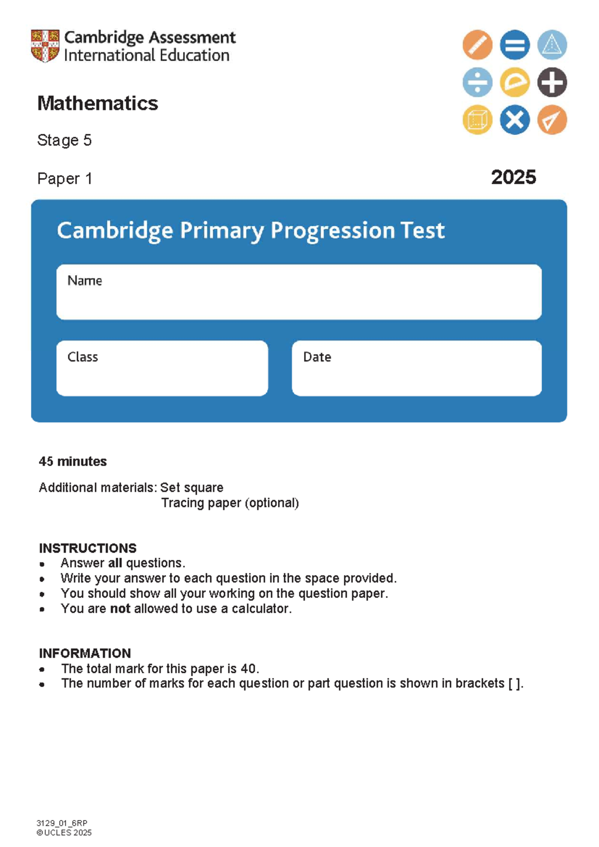 Mathematics Stage 5 Paper 1 (2025) - Exam Questions & Instructions ...