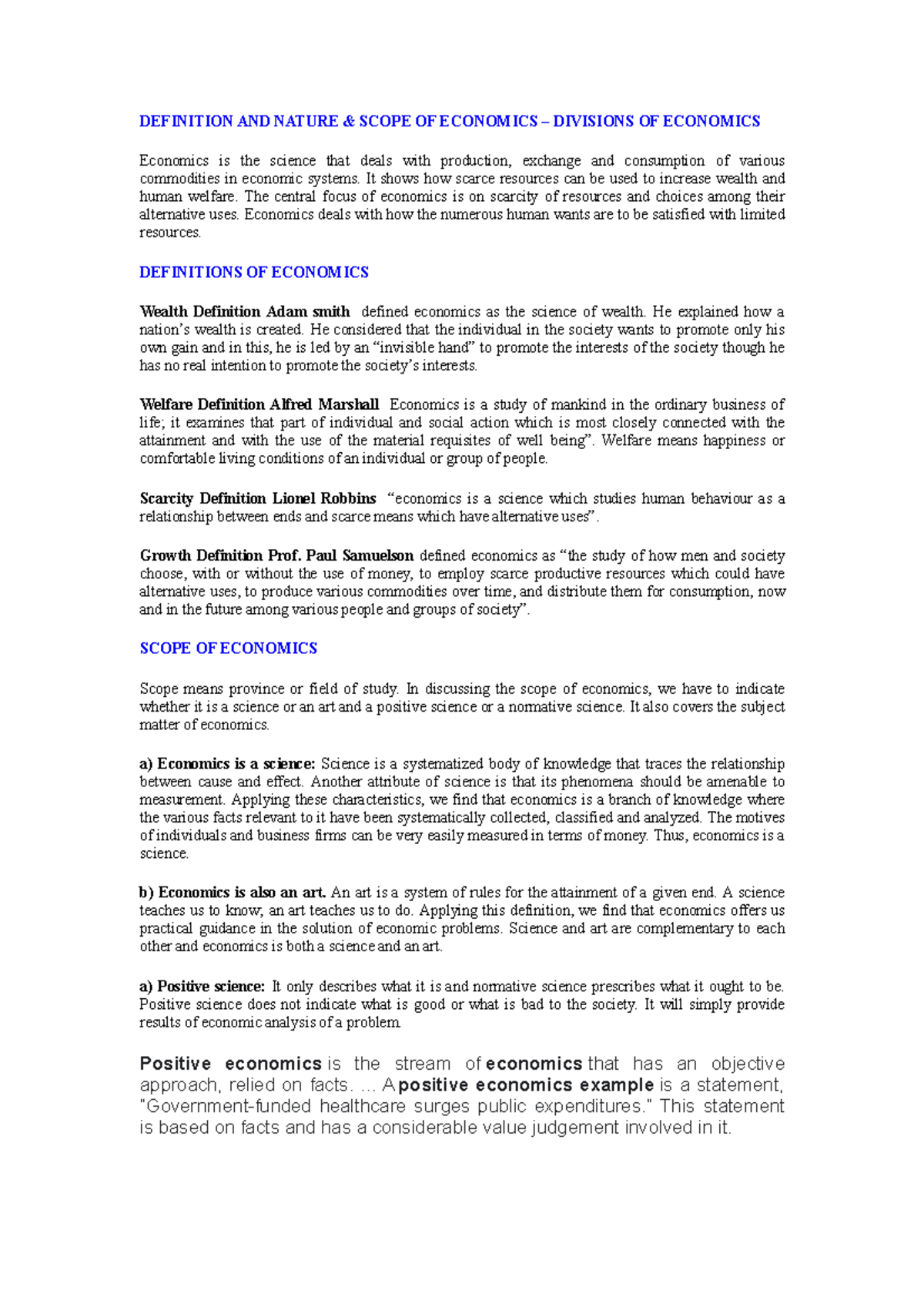 Nature and Scope of Economics: Definitions and Methodologies - Studocu