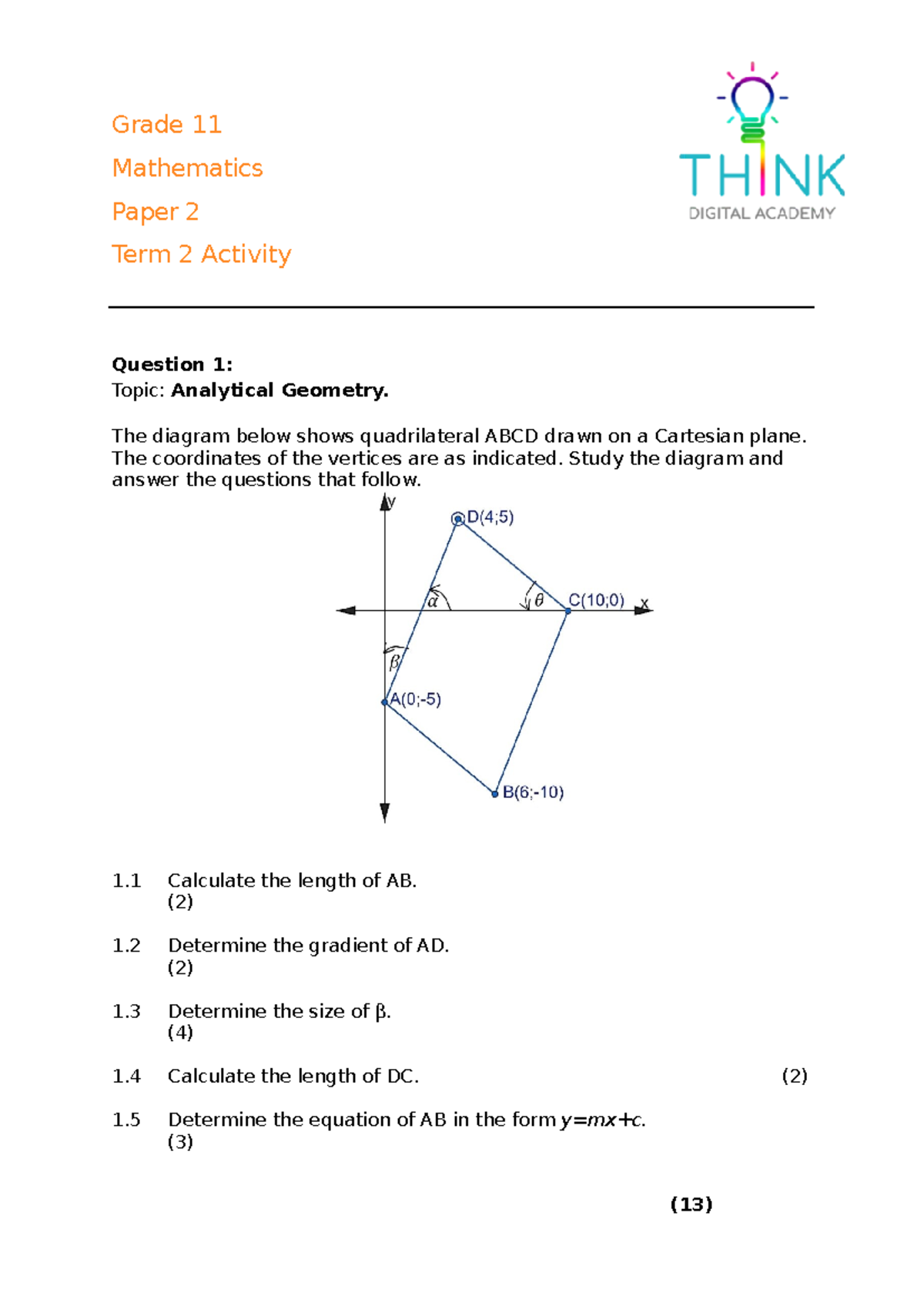 Grade 11 Mathematics Activity P2: Analytical & Euclidean Geometry - Studocu