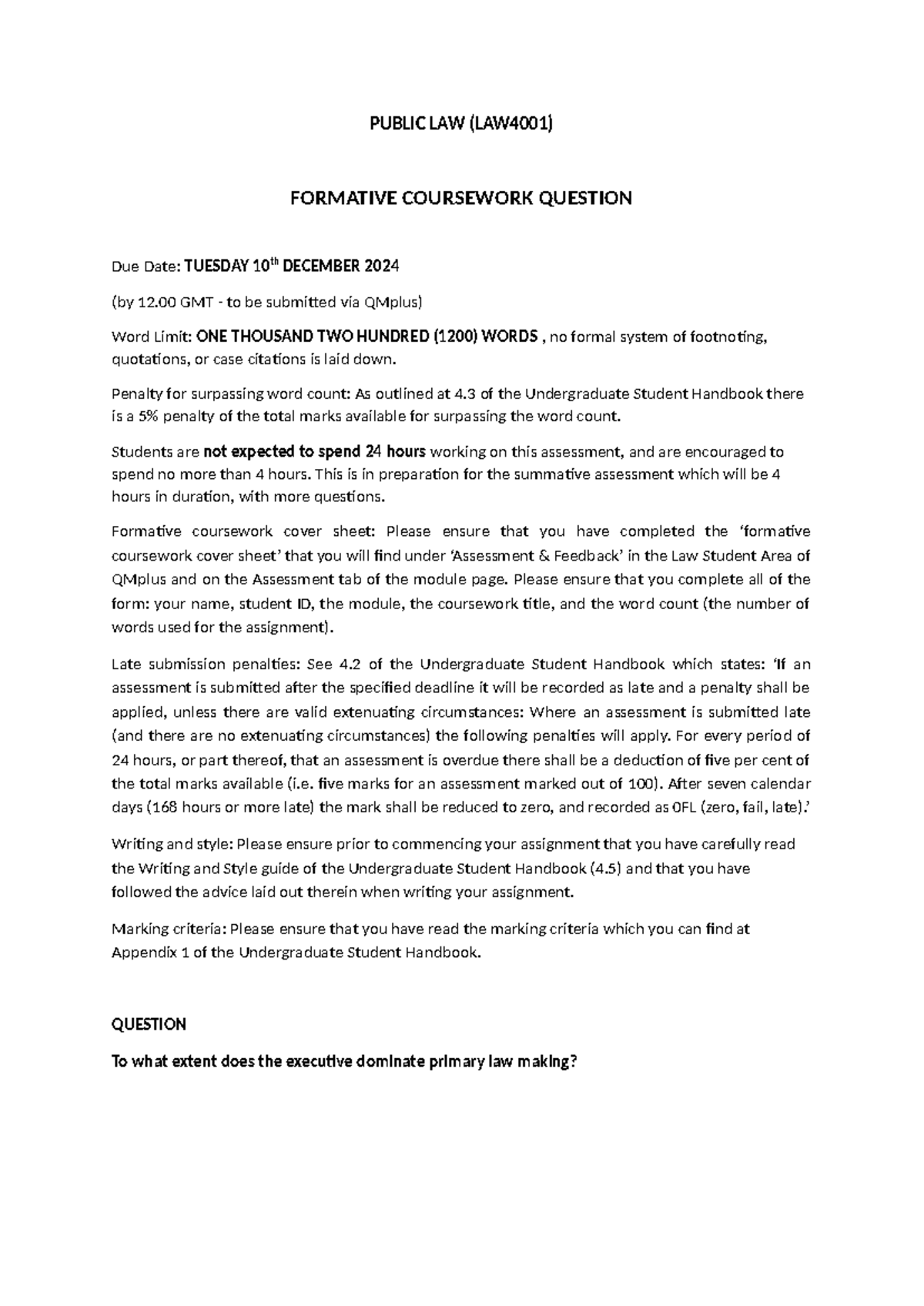 LAW4001 Public Law Formative 24-25 - PUBLIC LAW (LAW4001) FORMATIVE ...