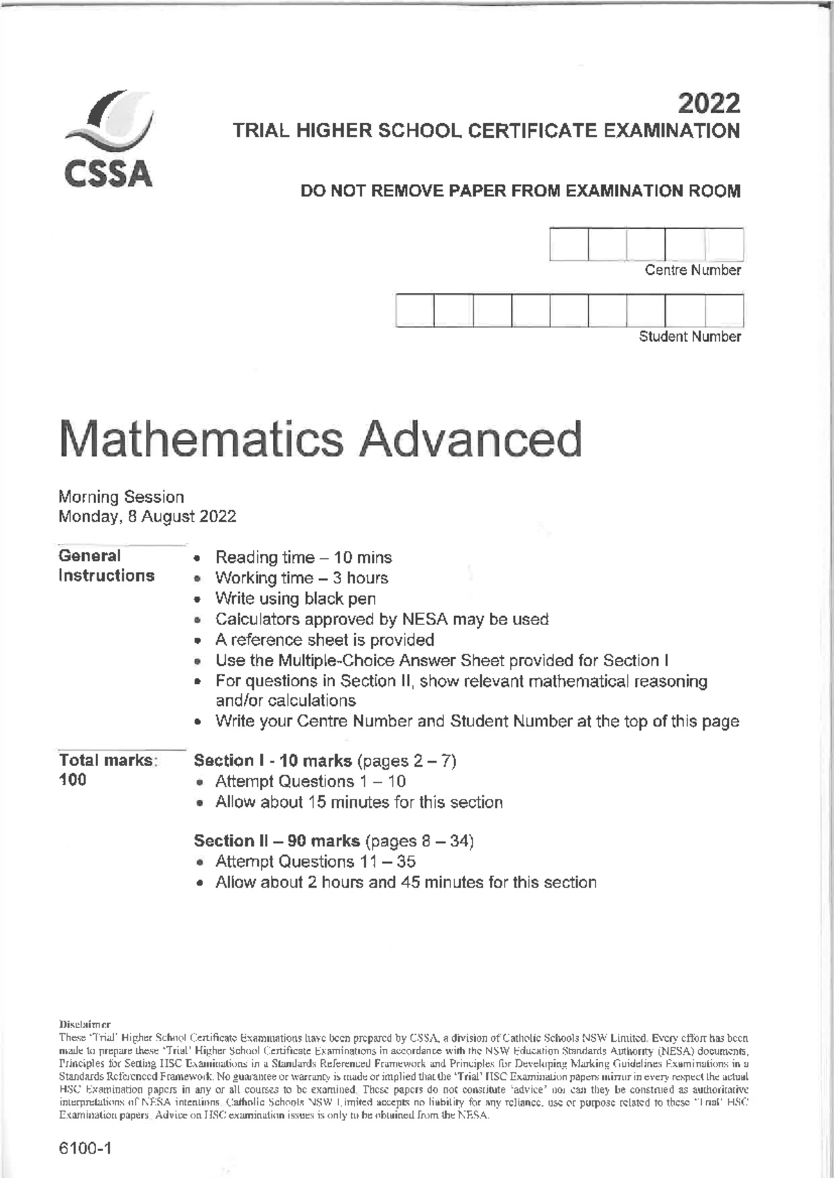 CSSA 2022 HSC Mathematics Advanced Trial Exam Paper - Studocu