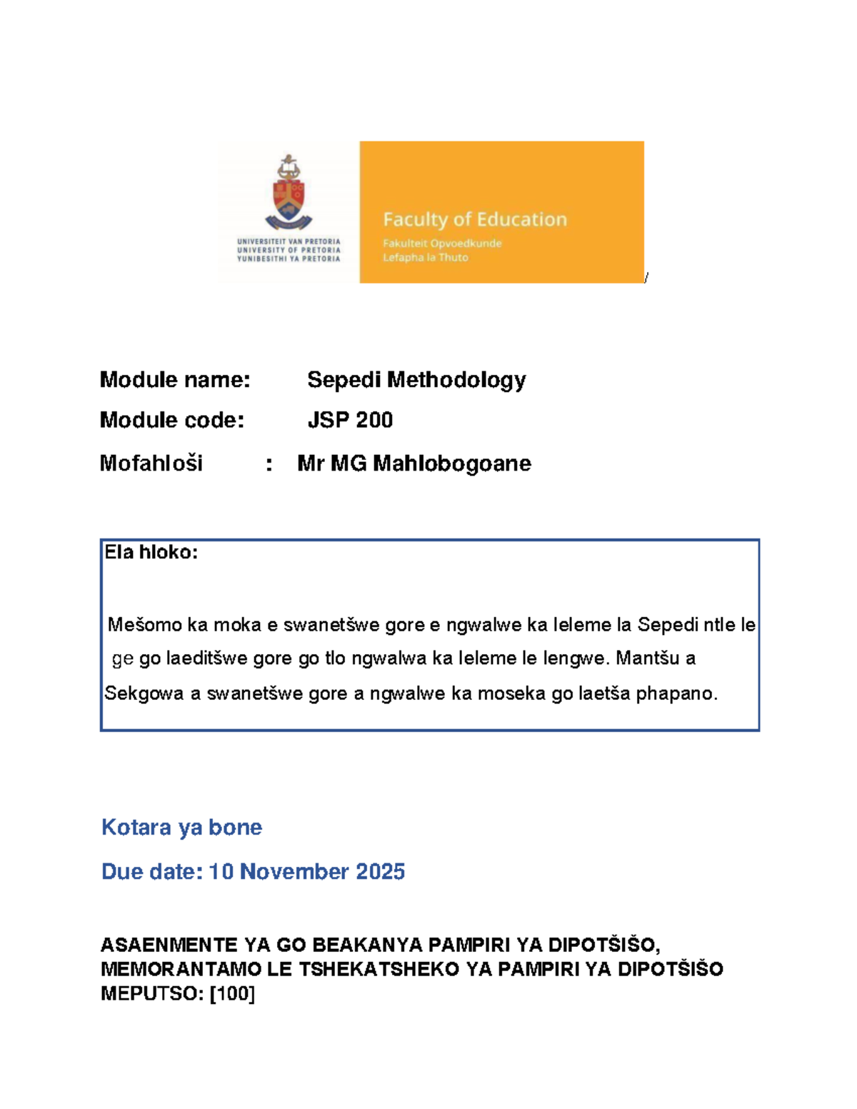 Assignment 4 Analysis and Reflection on Sepedi Methodology JSP 200 ...