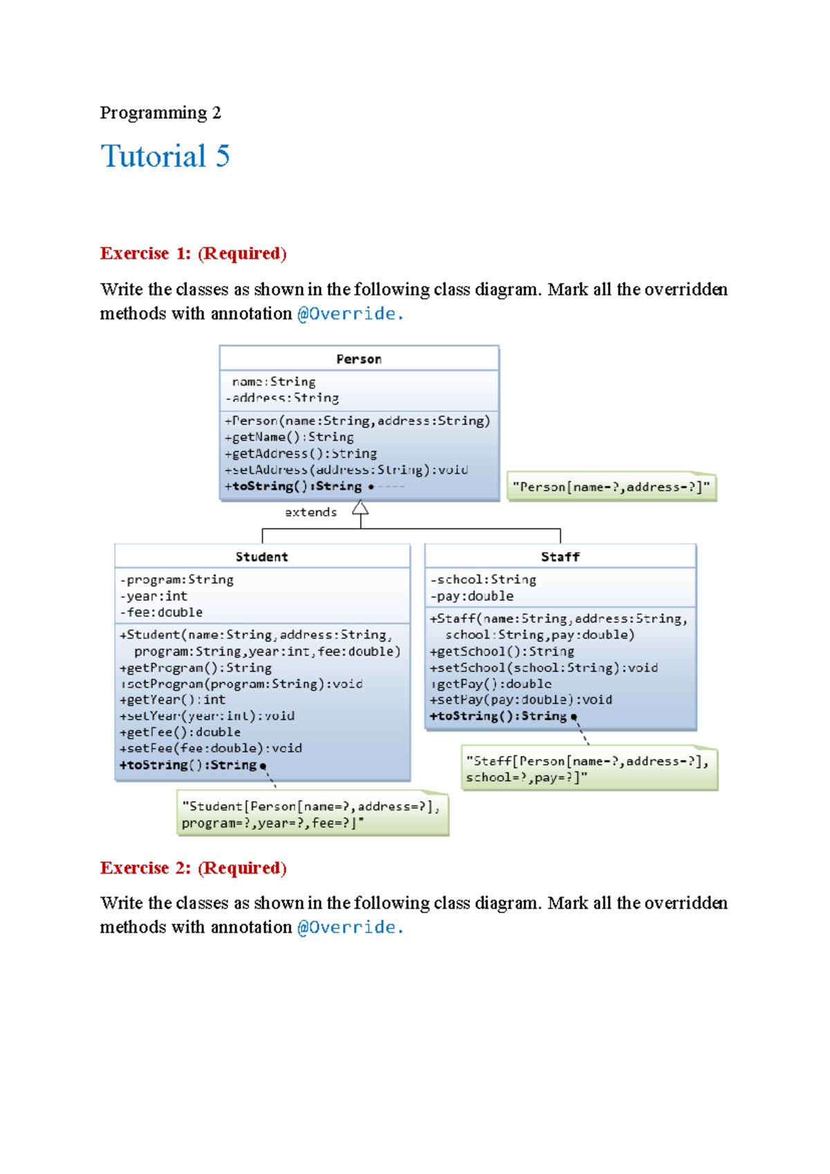 Tutorial 5 - Programming 2 Exercises on Class Diagrams and Methods ...