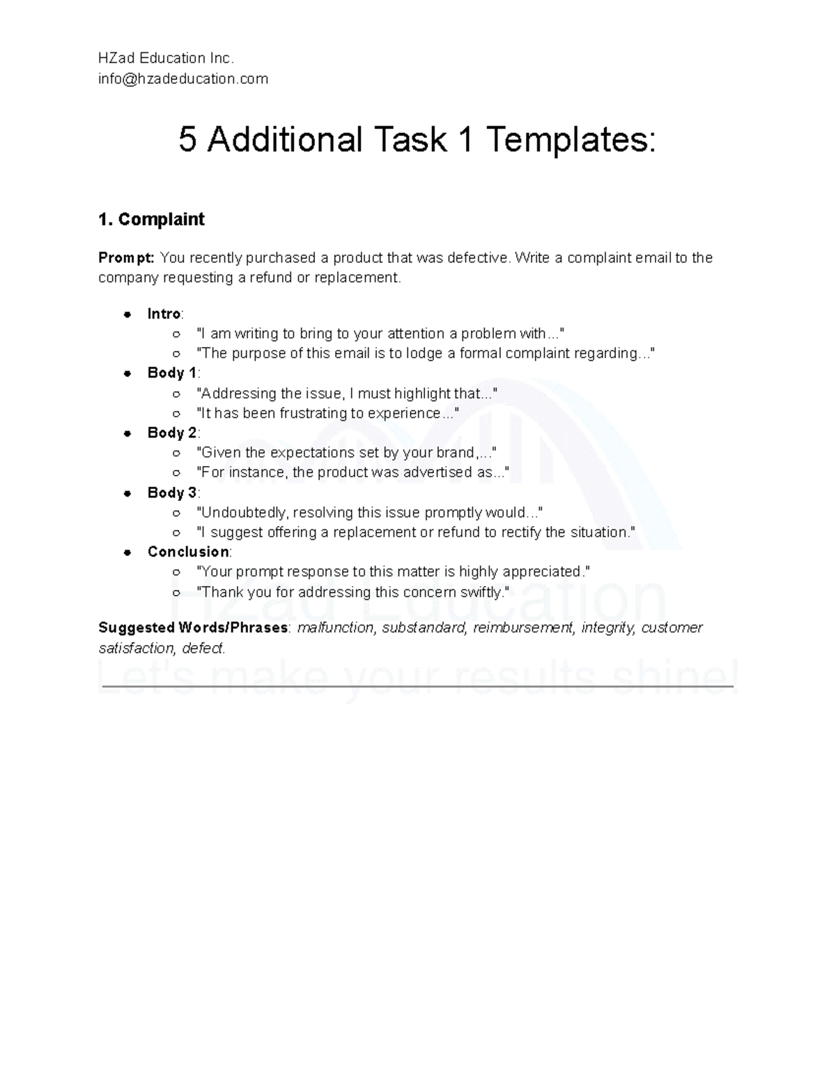 HZad Education Inc. Task 1 Email Templates - Lecture Notes - Studocu