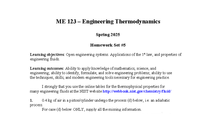 ME 123 Engineering Thermodynamics Spring 2025 Homework Set 5 - Studocu