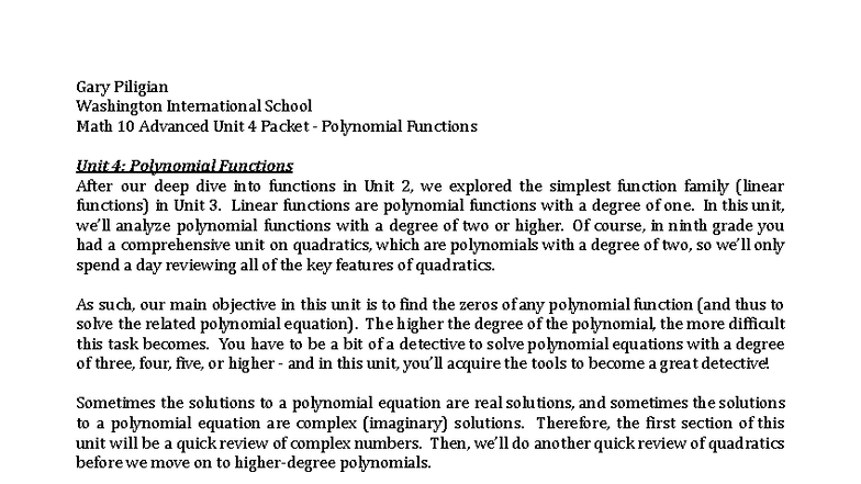 Math 10 Advanced: Unit 4 Polynomial Functions Overview - Studocu
