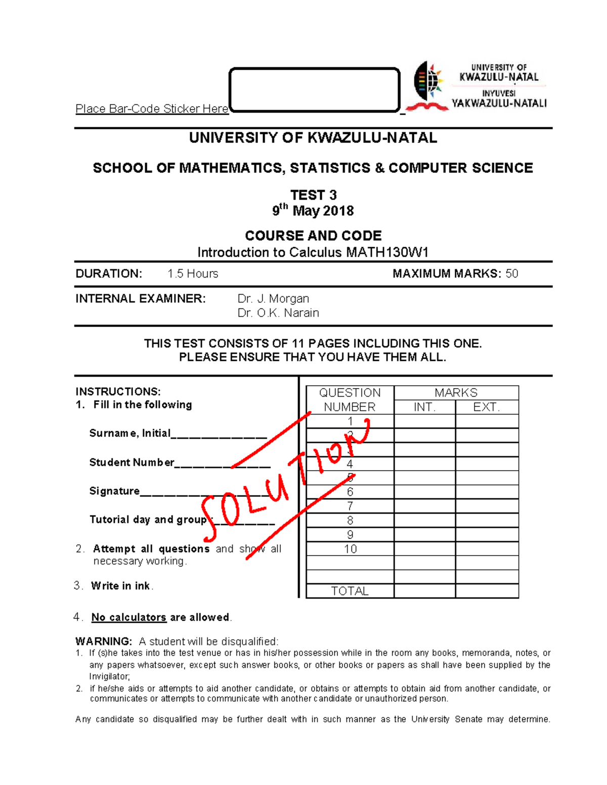 Math130W1 2018 Test 3: Introduction to Calculus Exam Questions - Studocu