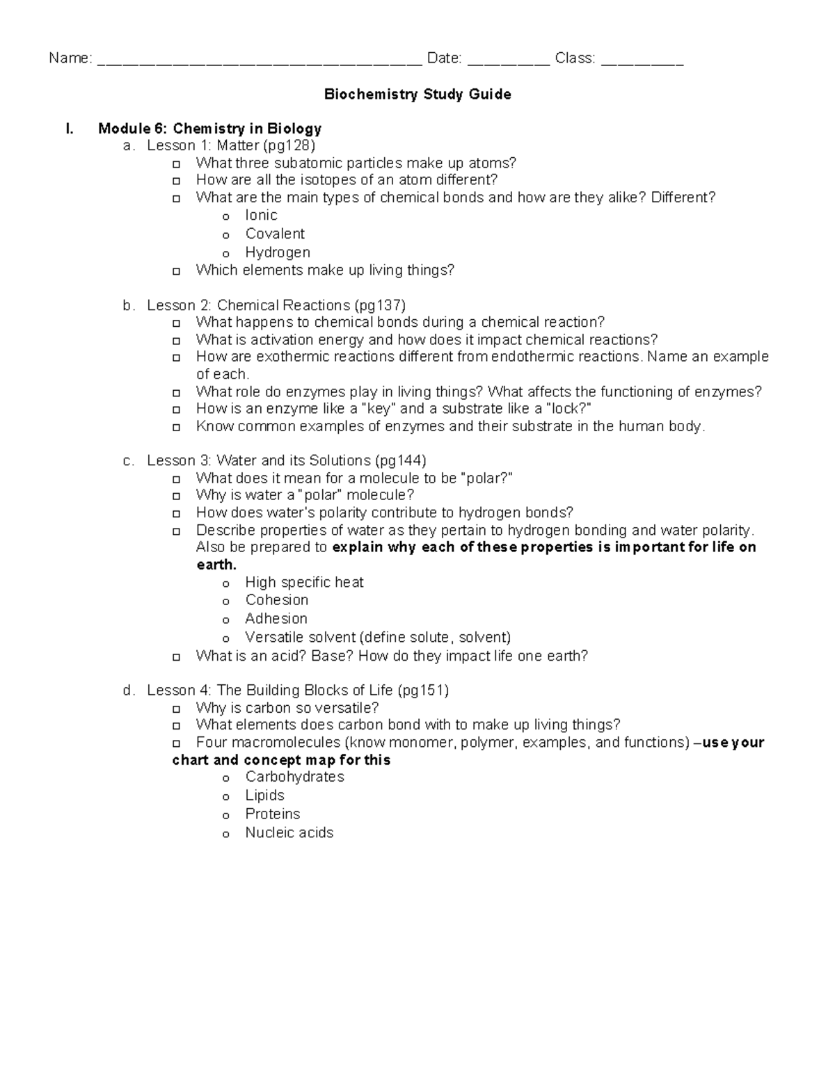 Biochemistry Study Guide I: Module 6 - Chemistry in Biology - Studocu