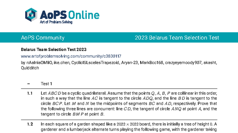 Belarus Team Selection Test 2023 - AoPS Community Analysis - Studocu