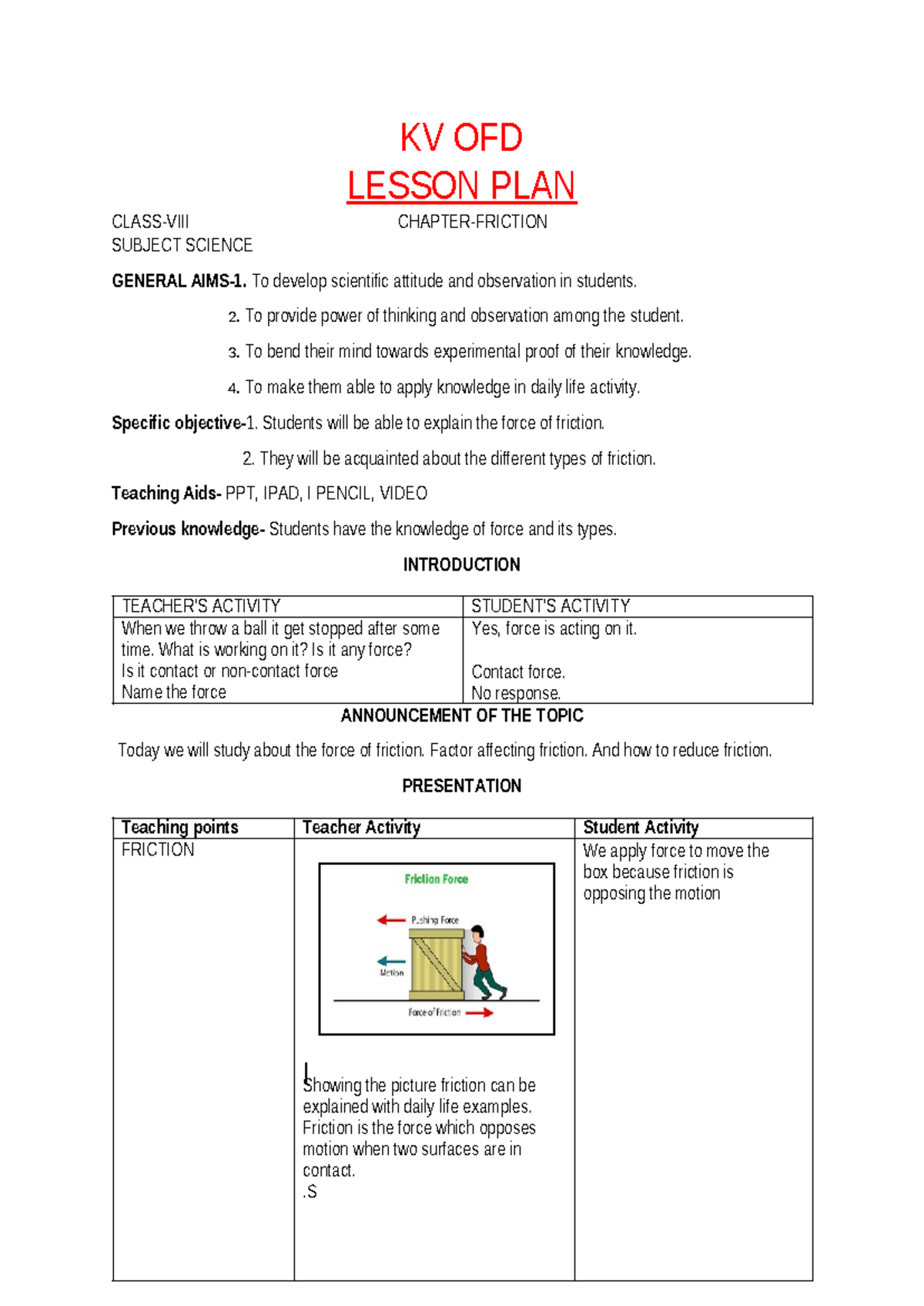 Lesson Plan for Class VIII: Understanding Friction in Science - Studocu
