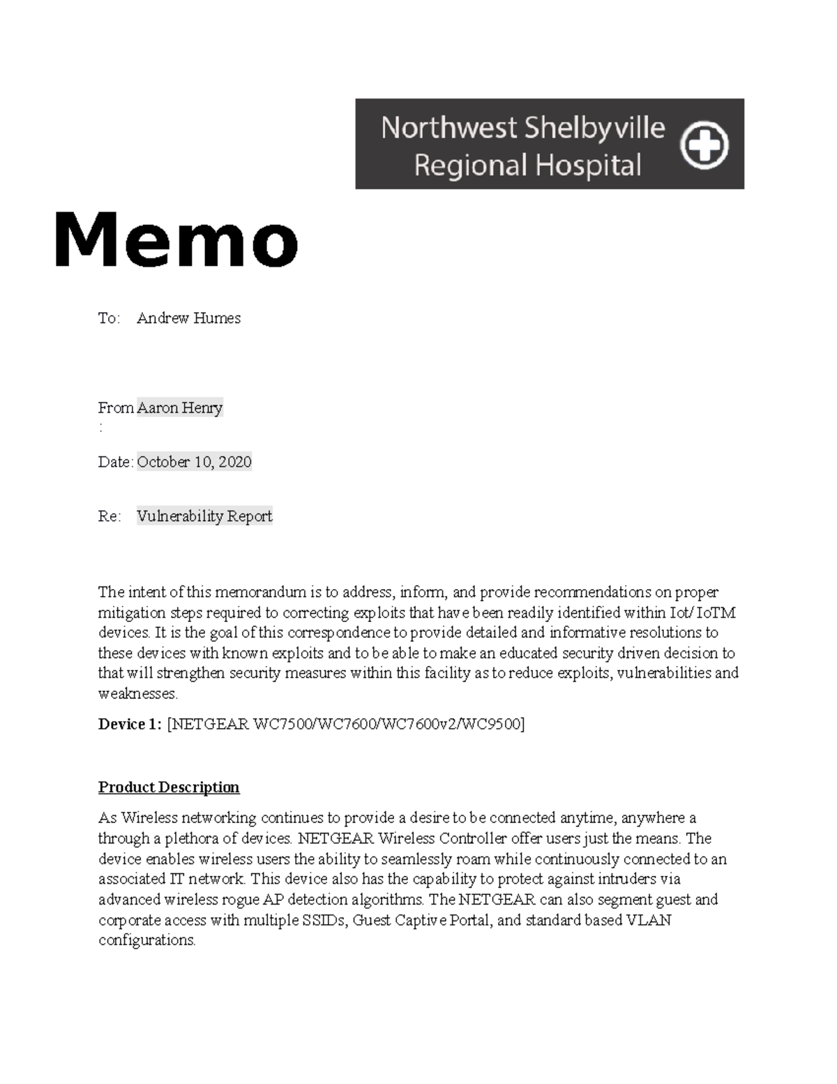 Vulnerability Memo for Project 1 - IoT Device Security Review - Studocu