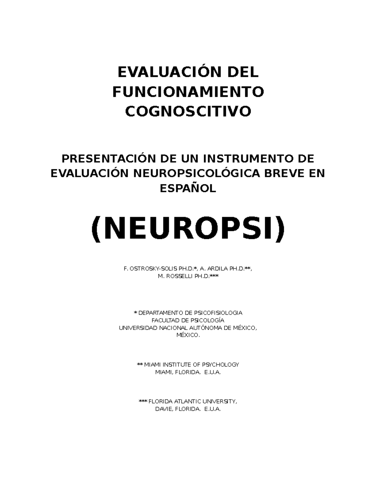 Evaluación Neuropsicológica Breve: Test de Neuropsi Completo (NEUROPSI ...