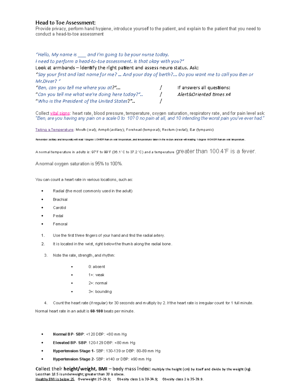 Head to Toe Assessment - Head to Toe Assessment: Provide privacy ...
