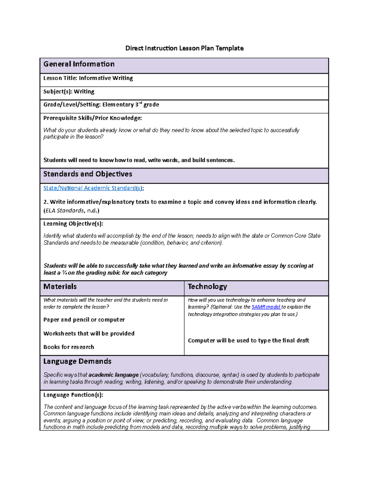 C365 Task 1 **1st try!!** - Direct Instruction Lesson Plan Template General Information Lesson ...