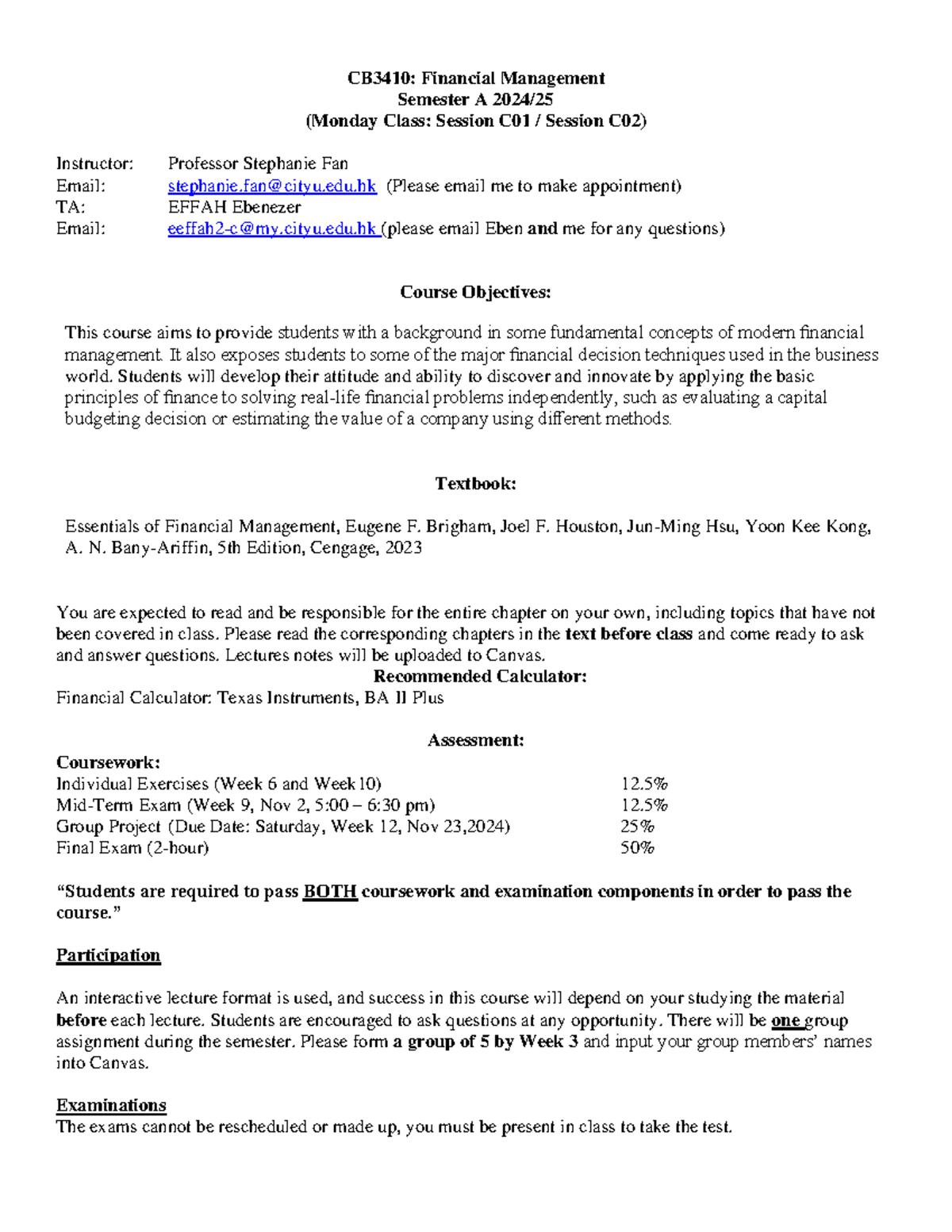 CB3410: Financial Management Course Outline 2024 (C01-C02) - Studocu