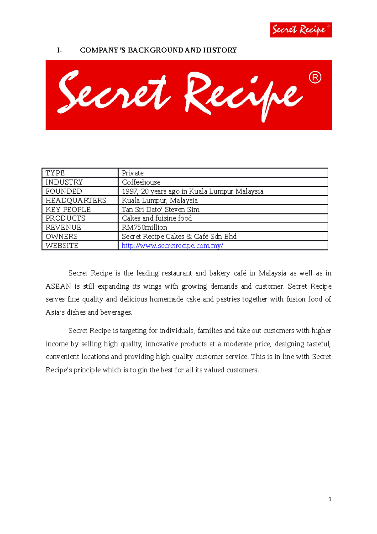 Secret Recipe Cakes & Café: History and Product Overview - Studocu