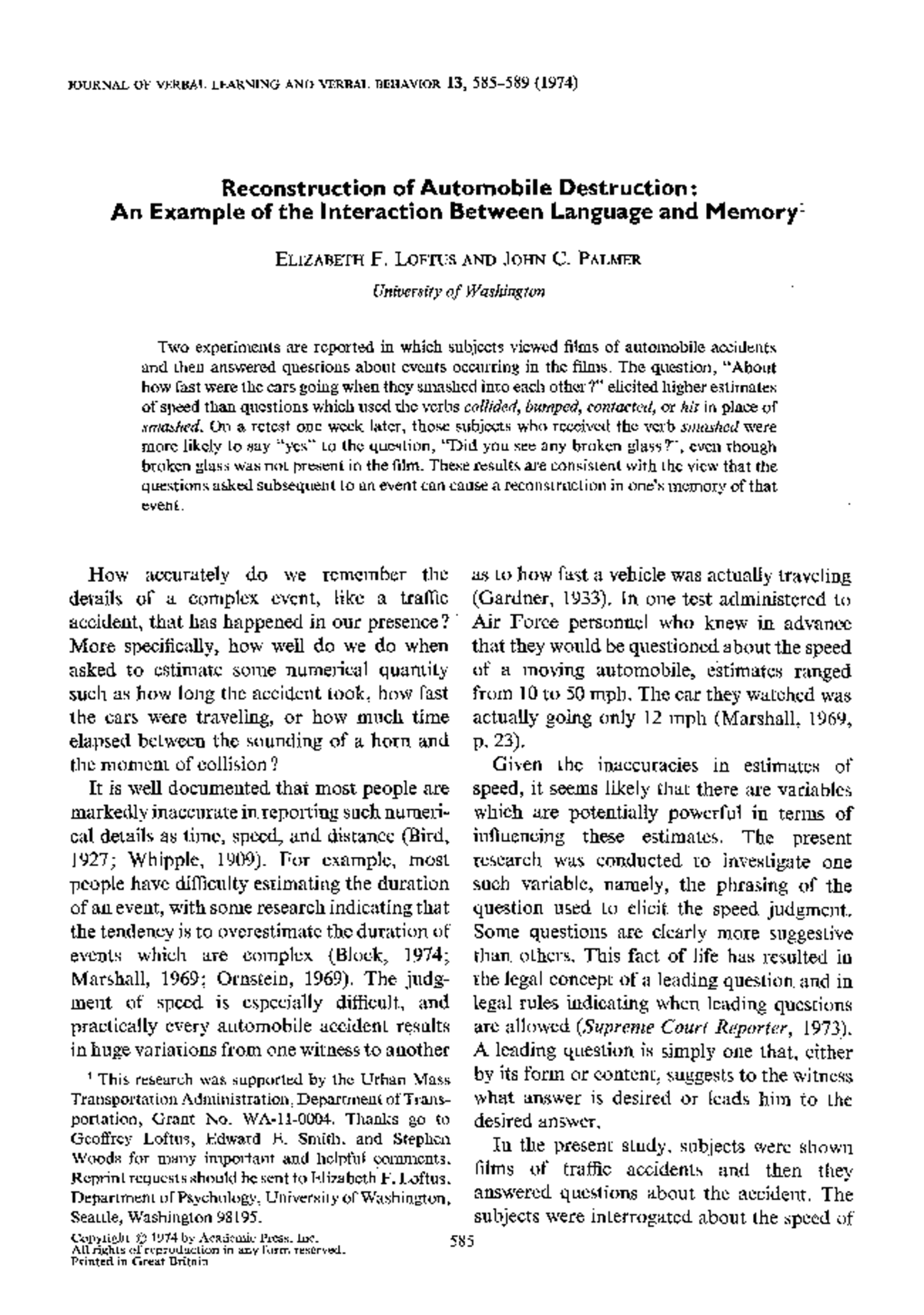 Loftus & Palmer 1974: Language's Impact on Memory in Accidents - Studocu