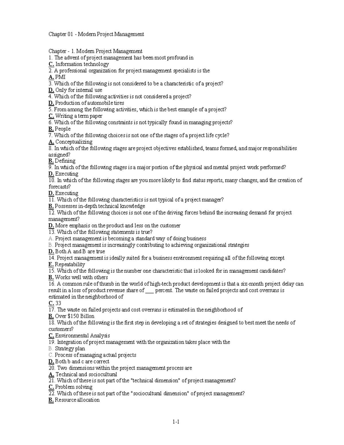 QUIZ answer - Chapter 01 - Modern Project Management Chapter - 1 ...